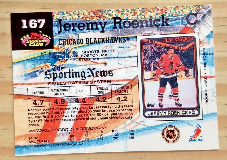 1992-93 TOPPS STADIUM JEREMY ROENICK CARD#167 NR-MINT BLACKHAWKS ...