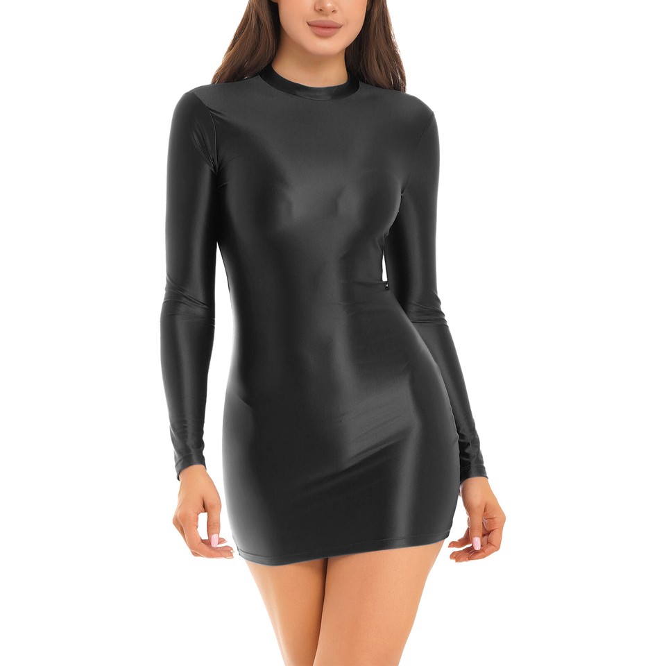 Women's Oil Shiny Micro Mini Dress Transparent Bodycon Tight Pencil ...