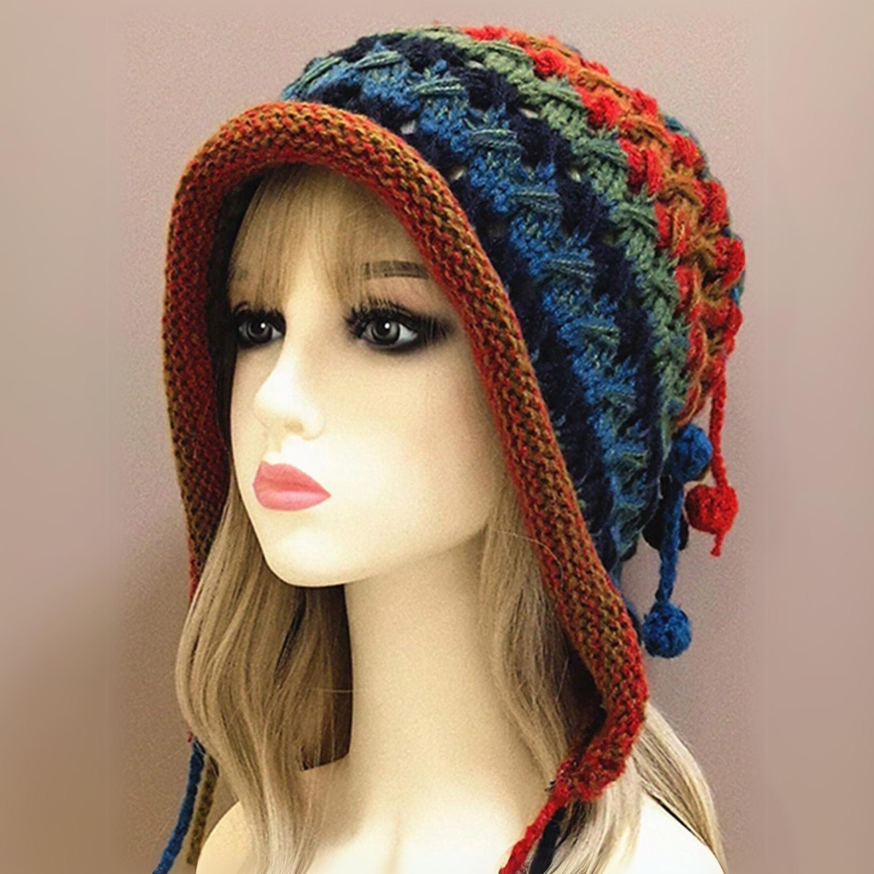Crochet Beanie Women's Colorful Handmade Tassel Ear Flap Knit Hat with ...