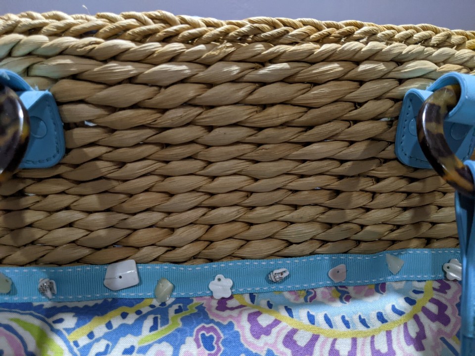 Straw Bag Tote Vera Bradley Capri Blue Teal Paisley Tote with Seashell ...