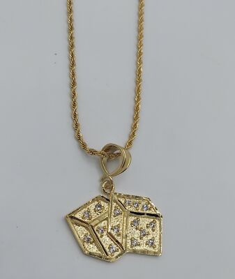 14KT GOLD EP DICE GAMBLING WITH CLEAR CZ CHARM WITH 16" 3MM ROPE CHAIN ...