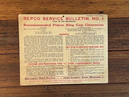 Vintage 1930's REPCO SERVICE BULLETIN No.1 Workshop Sign Piston Ring ...