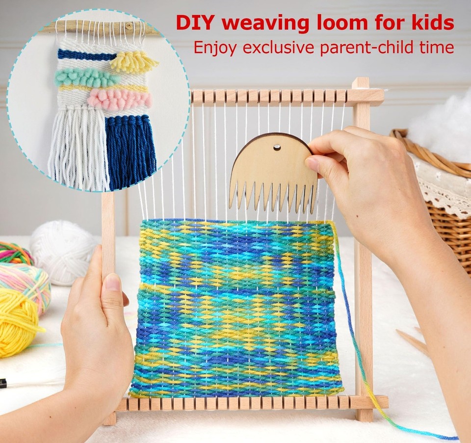 9x11 Weaving Loom Kit Kids DIY Craft Set Wooden Loom Shuttles Yarns | eBay