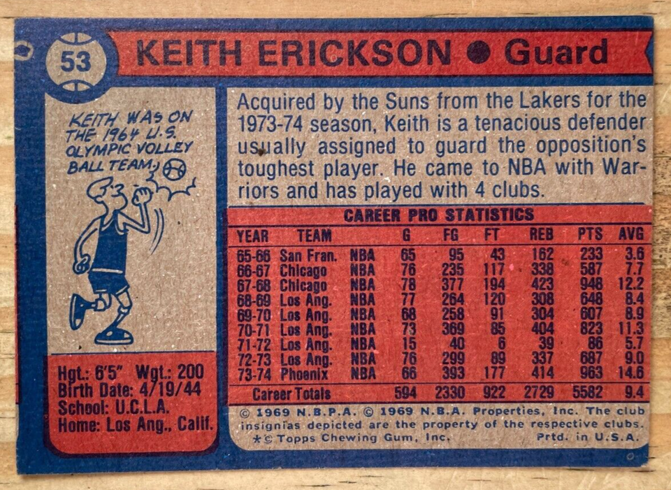 1974-75 TOPPS KEITH ERICKSON CARD#53 UCLA WARRIORS BULLS LAKERS SUNS | eBay