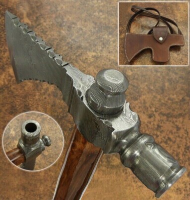 CUSTOM HANDMADE DAMASCUS STEEL HATCHET TOMAHAWK HUNTING OUTDOOR SMOKING ...
