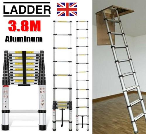 3.8M Telescopic Loft ladder Extendable Climb Lock Step Ladders Securing ...