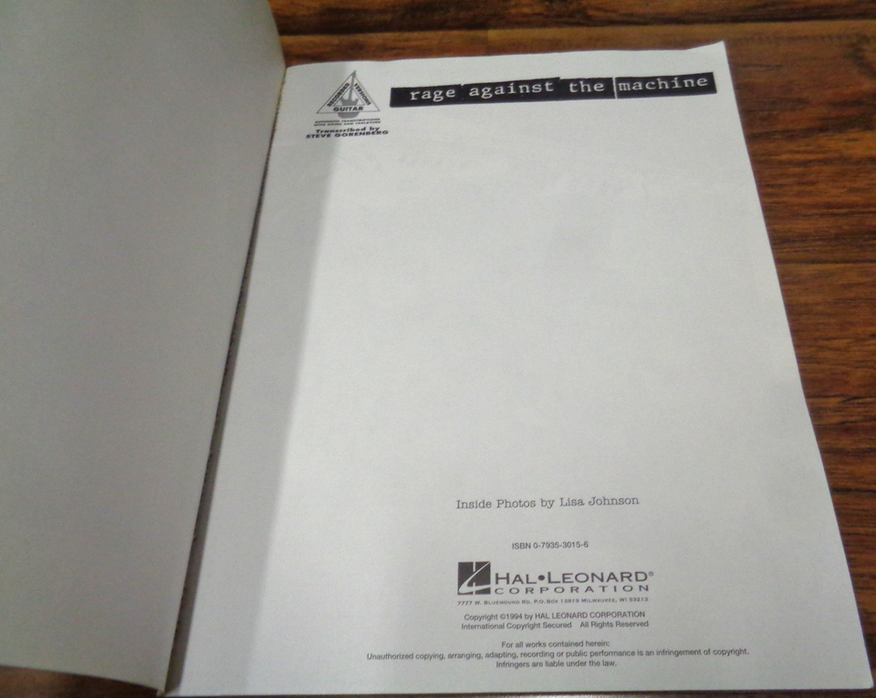 RAGE AGAINST THE MACHINE SHEET MUSIC GUITAR TAB BOOK (HAL LEONARD) VGC ...