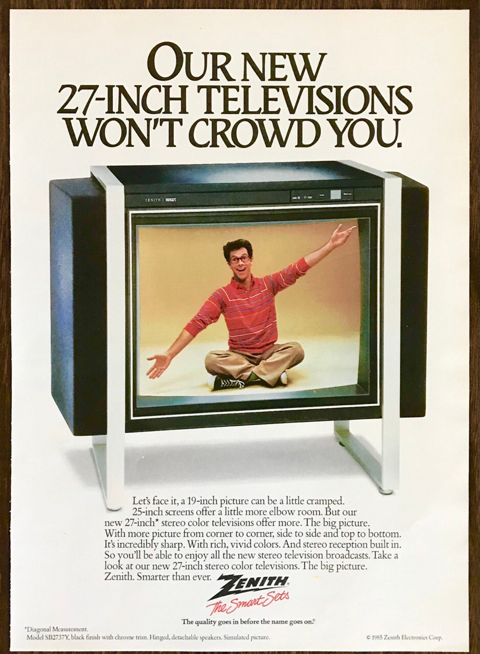 1985 Zenith Television PRINT AD Our New 27-Inch TVs Won't Crowd You | eBay