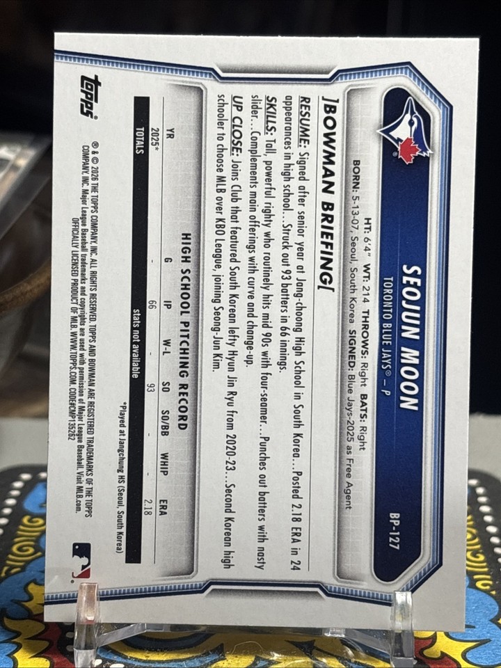 2026 Topps Bowman Baseball Seojun Moon Blue Jays #BP-127 Bowman ...
