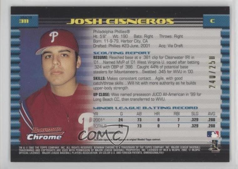 2002 Bowman Chrome X-Fractor /250 Josh Cisneros #311 Rookie RC | eBay