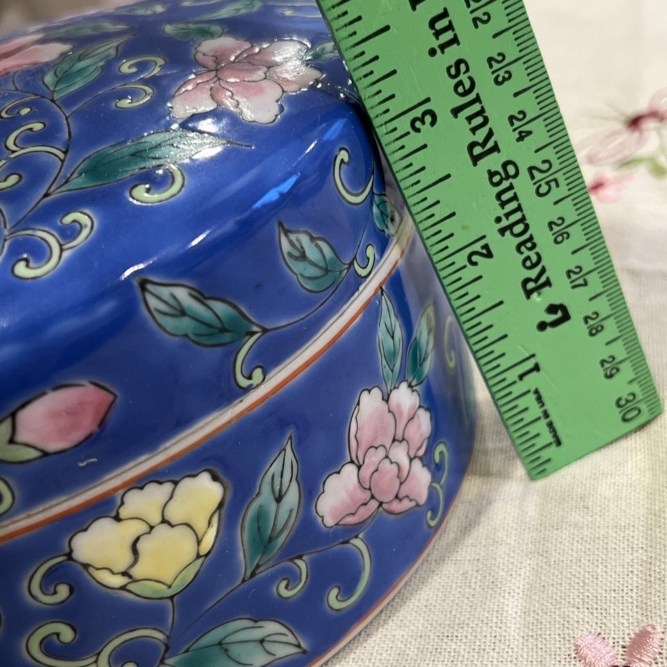 Vintage Chinese Orientalism Blue FLORAL Covered Trinket Box / Powder ...