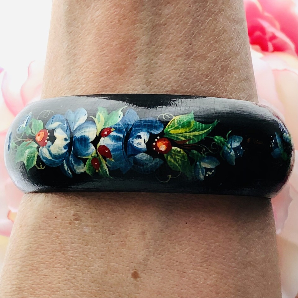 VTG Bangle Cuff Bracelet Hand Painted Black Lacquer Blue Flower Retro ...