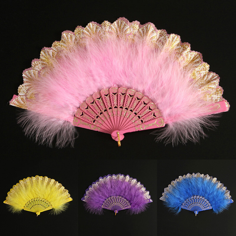 1PC Lace Silk Feather Bronzing Folding Fans Wedding Party Dance Hand ...