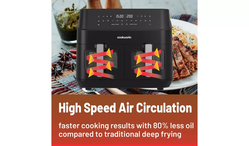 Cookworks Dual Air Fryer 2600W 9L Twin Basket Digital timer Air Fryer ...
