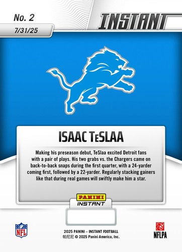 Isaac TeSlaa GRADED GEM-MT 10 2025 PANINI INSTANT ROOKIE CARD #2 ...