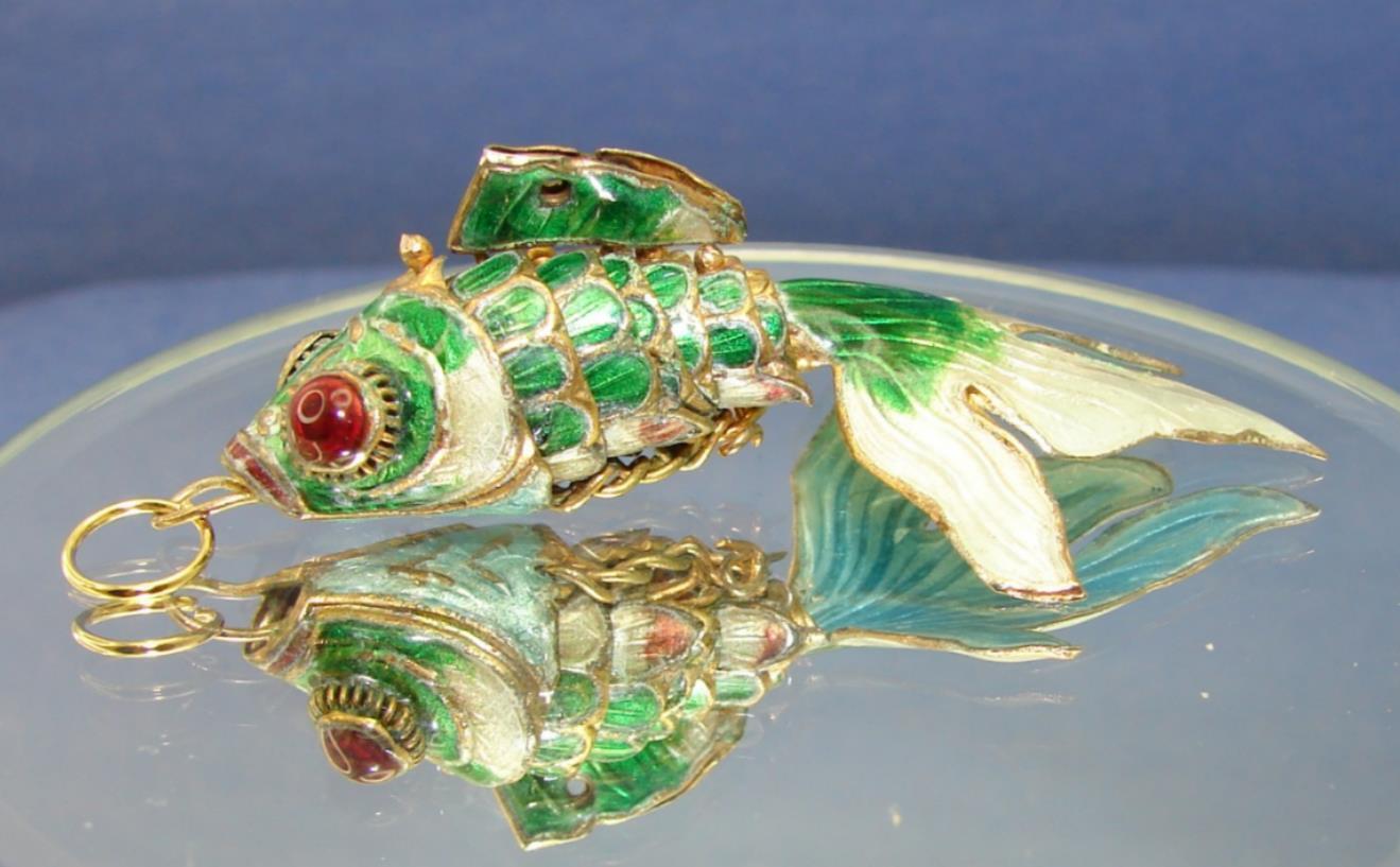Vintage Cloisonne' Articulated Green & Blue Fish Pend… - Gem