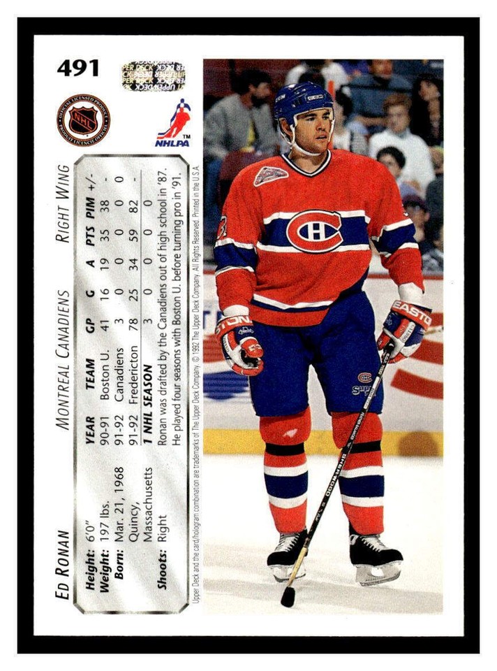 1992 Upper Deck #491 Ed Ronan - Montreal Canadiens Rookie | eBay