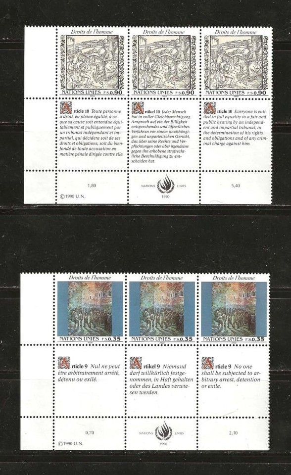 UNITED NATIONS - 1990 MNH GENEVA HUMAN RIGHTS CORNER BLOCKS - SC. 193 ...