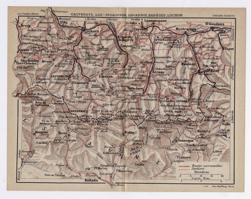 1926 ORIGINAL VINTAGE MAP OF VICINITY OF LOURDES LUCHON PYRENEES FRANCE ...