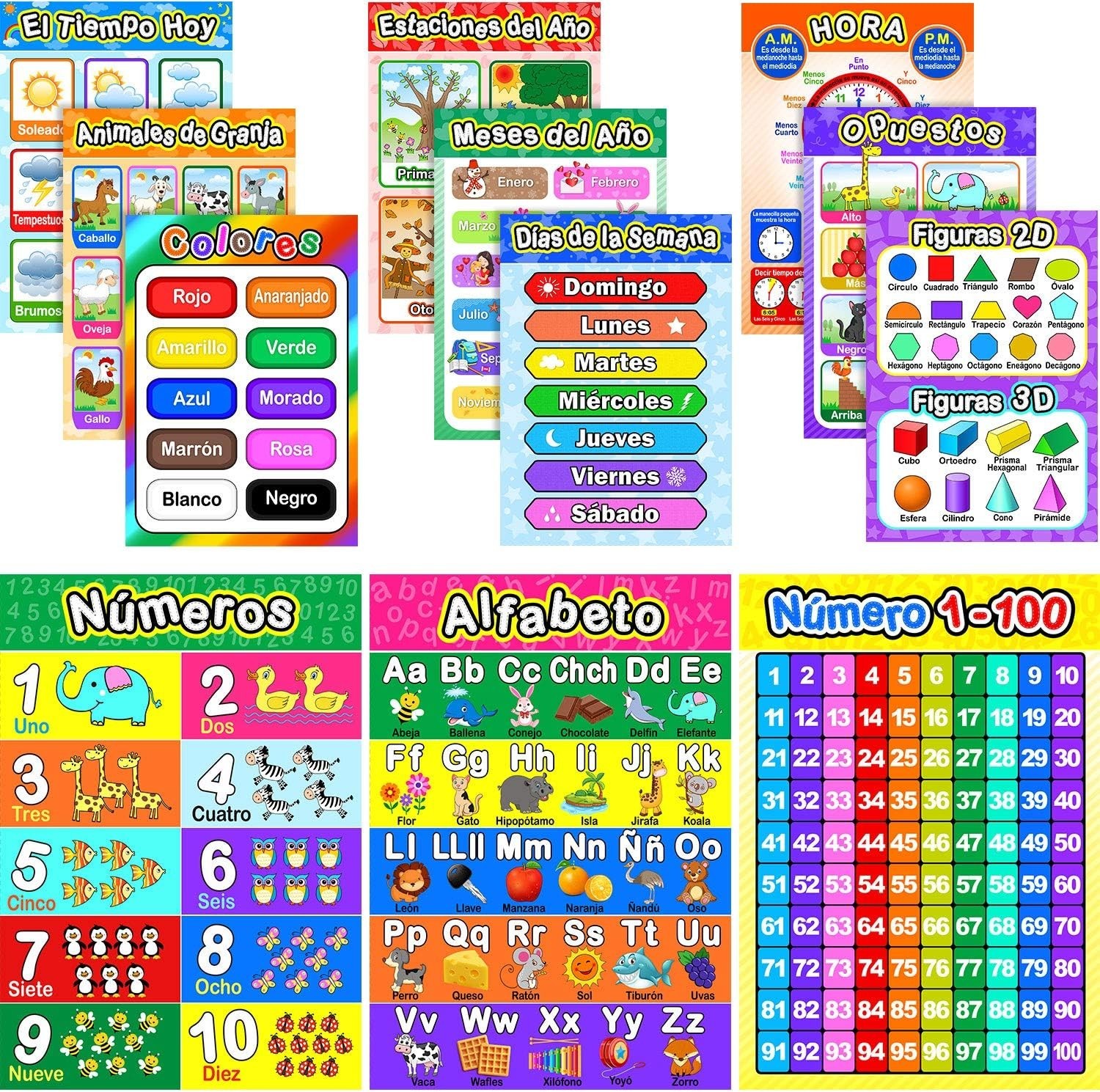 12x Spanish Classroom Posters Kids Bilingual Alphabet Numbers Colors ...