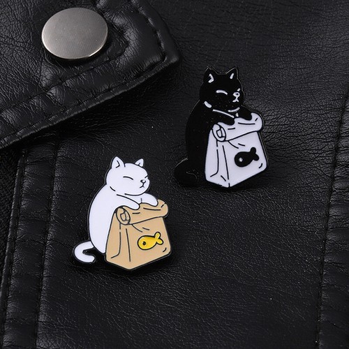 Feed Myself Enamel Pins Cute Black White Cat Dried Fish Bag Brooches ...