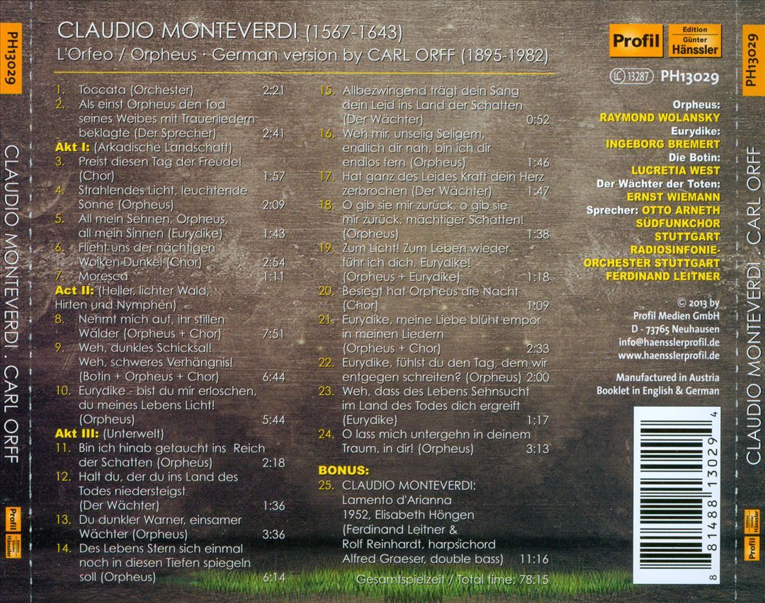 FERDINAND LEITNER CLAUDIO MONTEVERDI, CARL OFF: L'ORFEO NEW CD ...