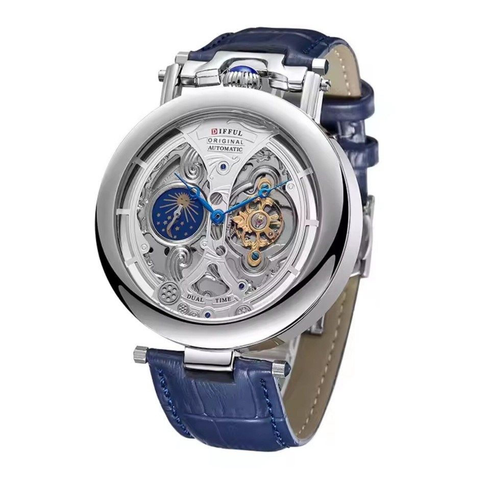 Hollow Automatic Mechanical Watches Men Moon Phase Skeleton Leather | eBay