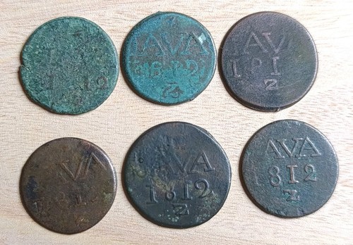 Lot of 6 pcs coin British interregnum Dutch East Indie 1 Duit JAVA 1812 ...
