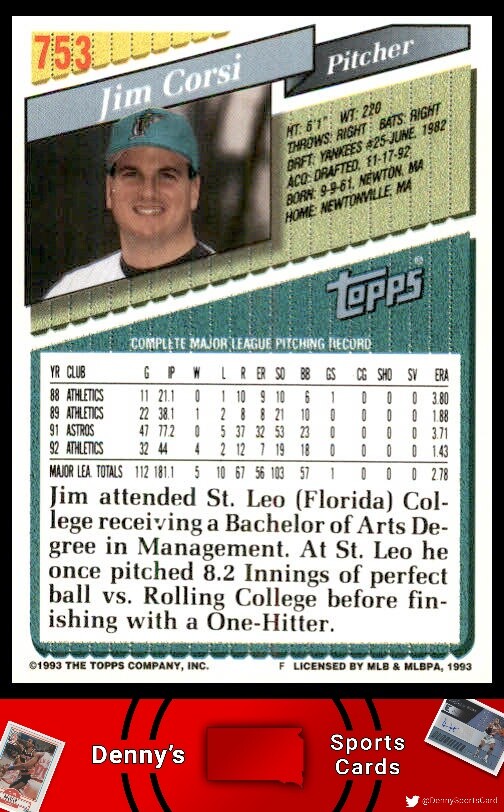1993 Topps #753 Jim Corsi Florida Marlins Baseball Card | eBay