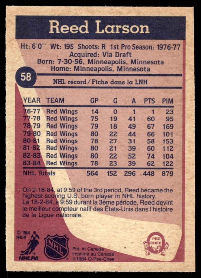 1984-85 O-Pee-Chee Reed Larson Detroit Red Wings #58 | eBay