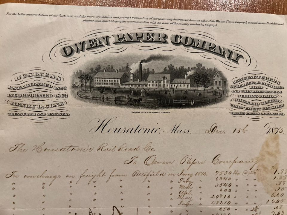 1875 Nicely Illustrated Letterhead Owen Paper Co., Housatonic ...