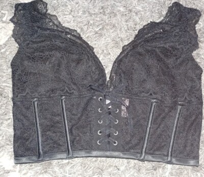 Very sexy long line lace up corset lace bra top NEW large black | eBay