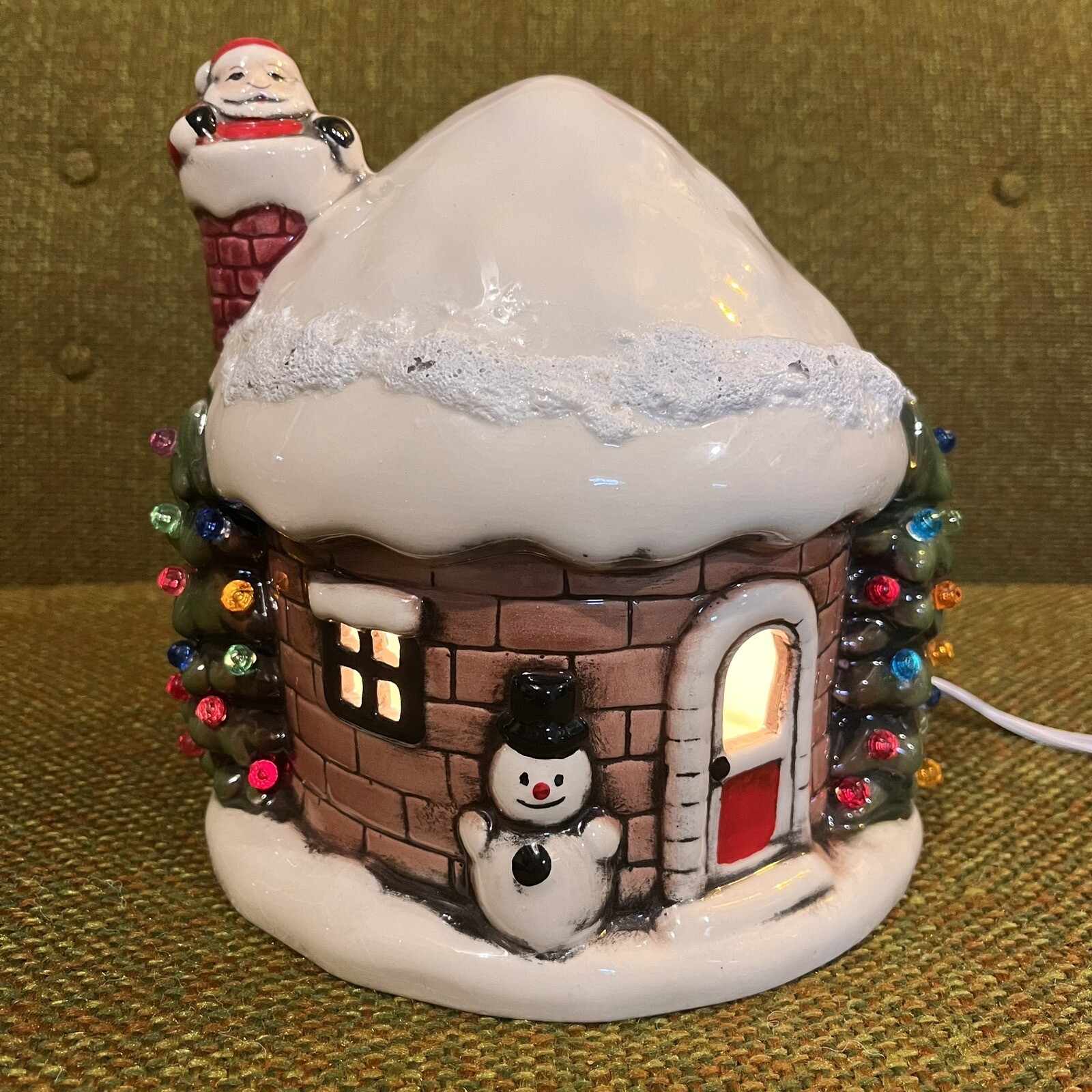 Vintage Ceramic Christmas Light Up Snow Igloo House SANTA ON CHIMNEY ...