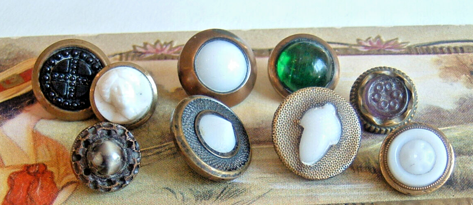 9 Antique Victorian Glass in Metal Waistcoat Buttons Acorn Cameo Paris ...