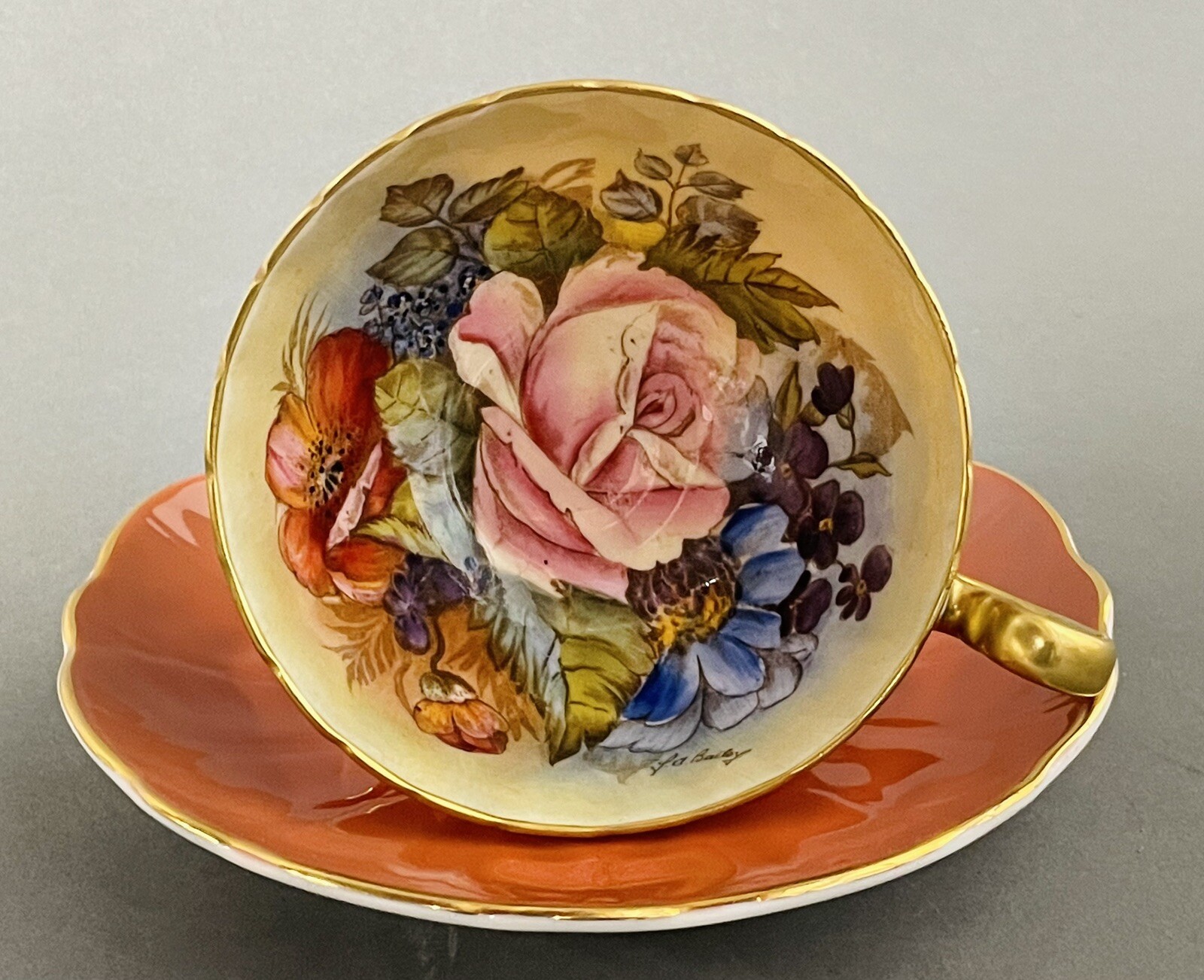Antique Aynsley JA Bailey Cabbage Rose Poppy Terra Cotta Orange Teacup ...