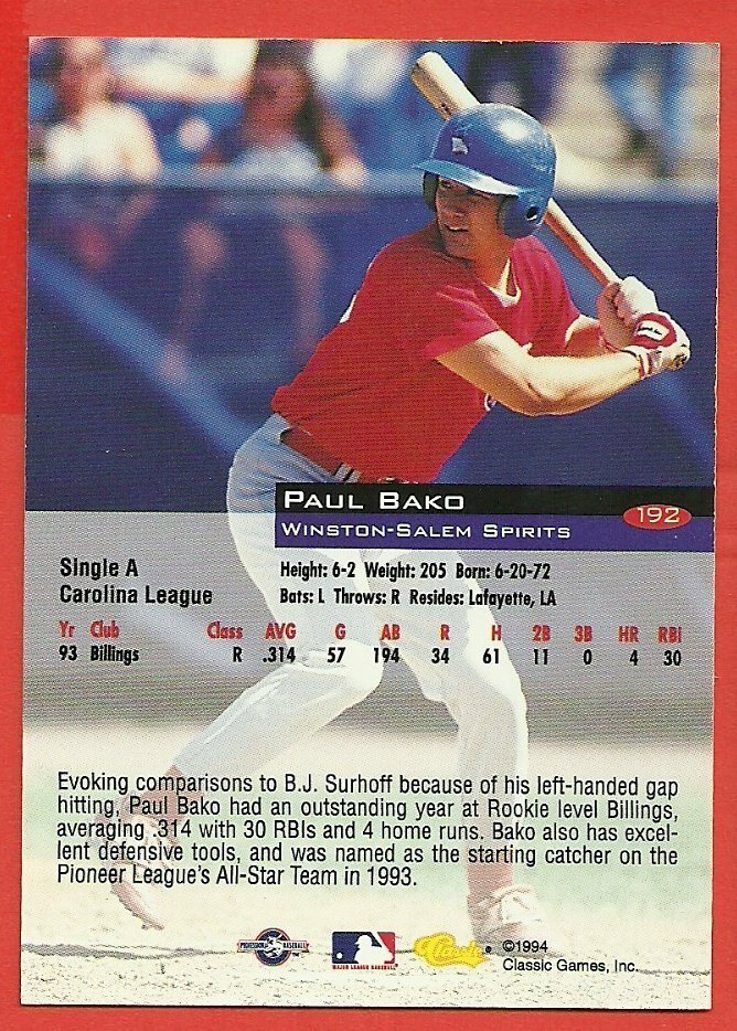 PAUL BAKO - 1994 Classic #192 - Minor League Autographed Card | eBay