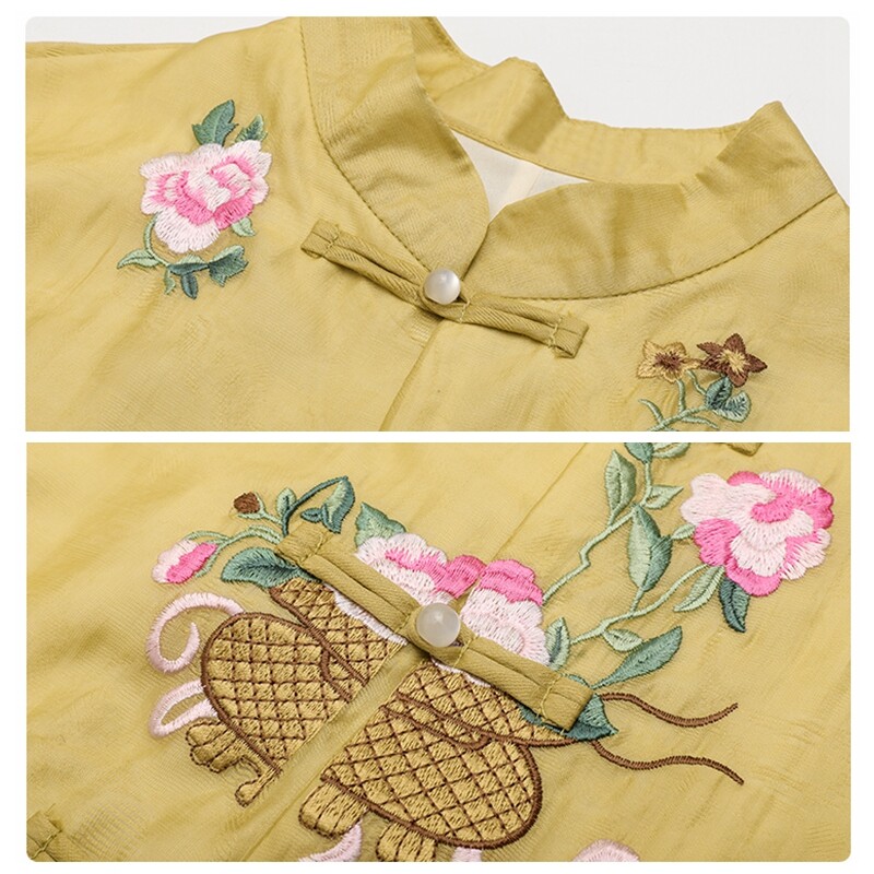 Women Ethnic Floral Embroidery T Shirt Blouse Chinese Frog Button Mesh ...