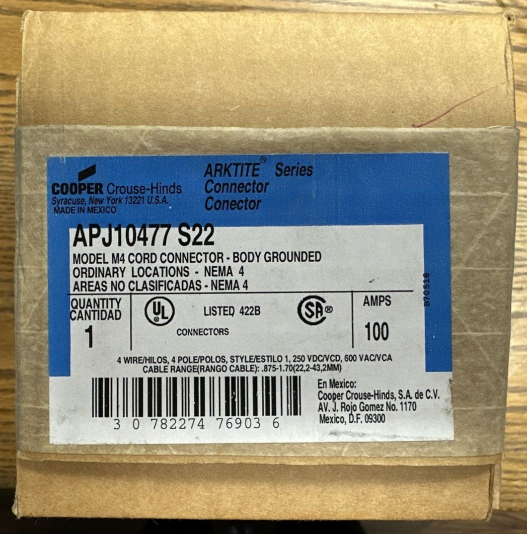 CROUSE-HINDS APJ10477S22 ARKTITE M4 CONNECTOR 100A 250VDC 600VAC *NEW ...