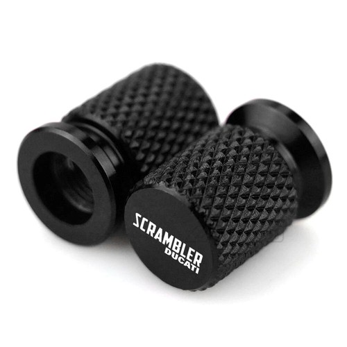 A PAIR OF SCRAMBLER DUCATI MOTORCYCLE TYRE VALVE CAPS (BLACK) .REF SDB ...