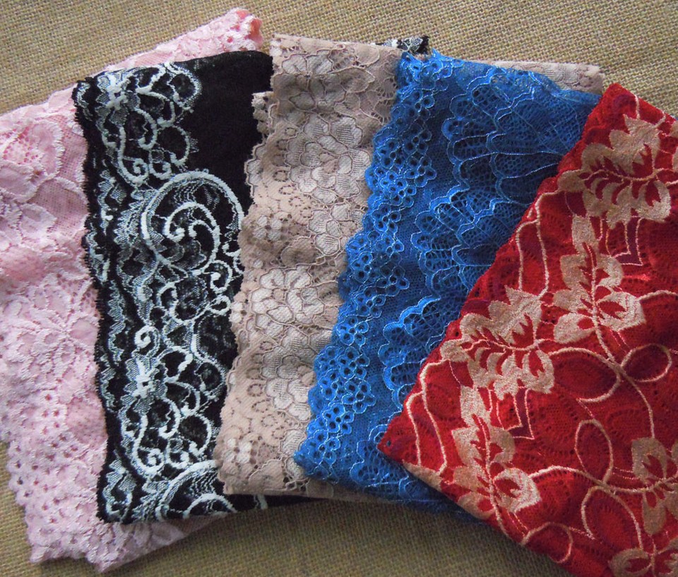 Lot 10 Yards 7"-7.5" Wide Stretch Lace Black, Red, Beige, Peacock Blue ...