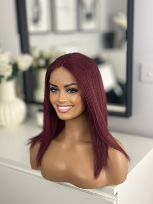 Red Wine Burgundy Maroon 180% Den Lace Front Long Bob 16” 100% Human ...