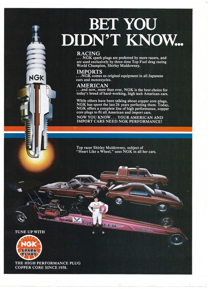 1984 NGK SPARK PLUGS PRINT AD, NHRA SHIRLEY MULDOWNEY - ORIGINAL NGK ...