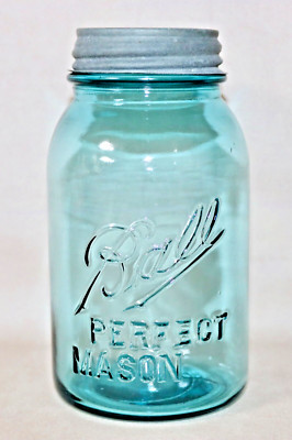 Ball 2L Quart Perfect Mason Jar Aqua ~ Zinc Lid 1913 - 1923 Antique ...