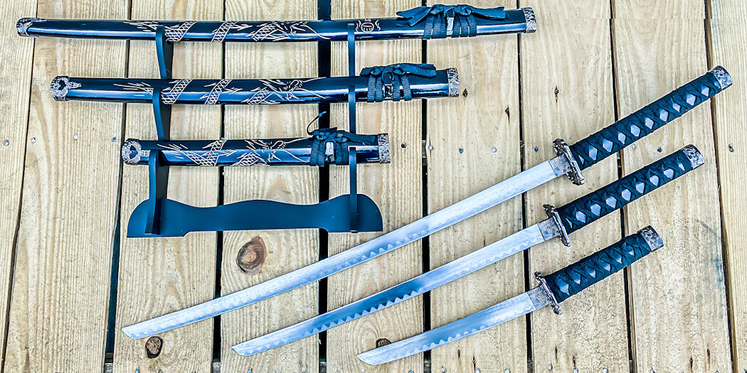 3 Pc Black Dragon Samurai Sword Set Carbon Steel Blades with Stand | eBay
