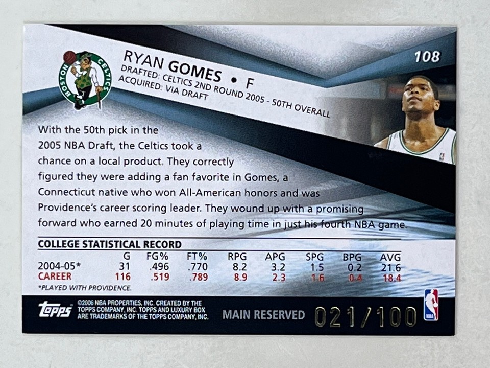 Ryan Gomes 2005-06 Topps Luxury Box Main Reserved RC /100 #108 NBA ...