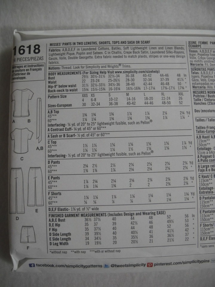 Pants in 3 LengthsShorts Tops Misses size XXS-XXL Simplicity 1618 ...