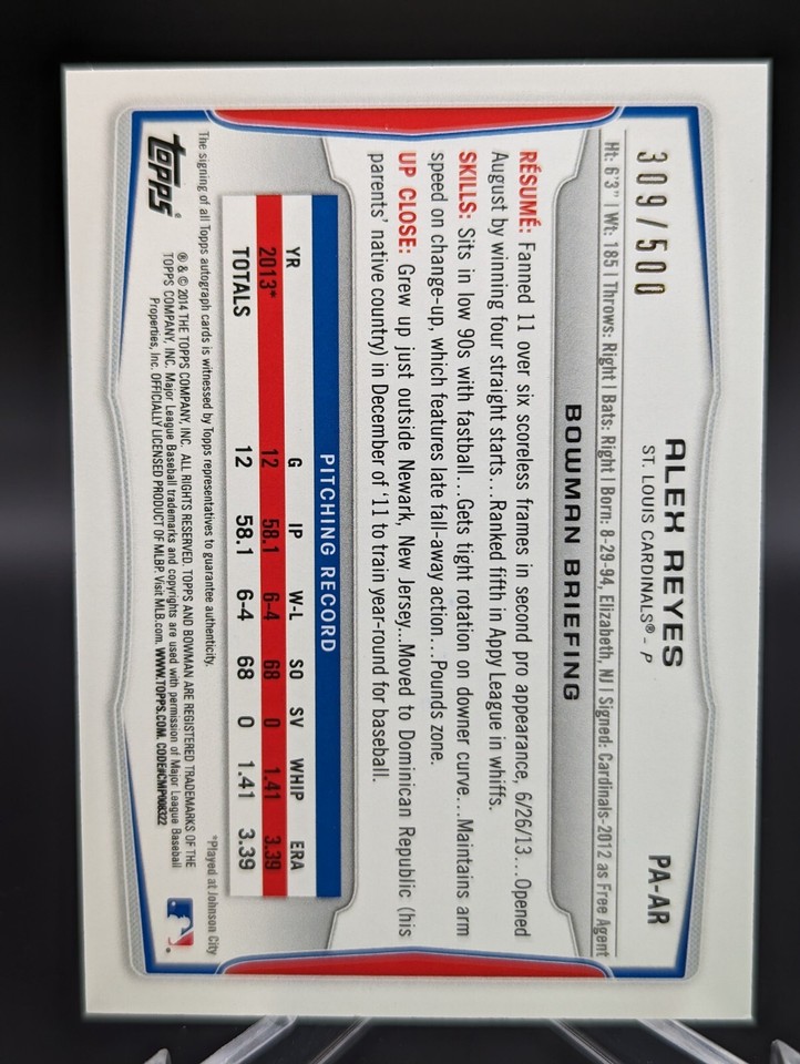 2014 Bowman Prospect Autographs Blue #PA-AR Alex Reyes Auto /500 ...