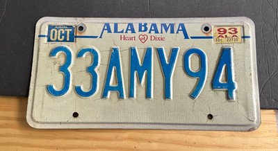 1993 Alabama License Plate Tag 33AMY94 33 AMY 94 | eBay