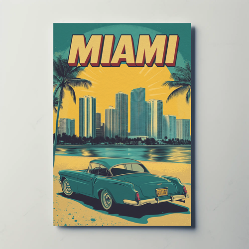 Miami Vintage Poster - Ocean Drive Retro Car | eBay