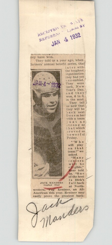CHICAGO Bears FOOTBALL Player JACK "Automatic Jack" MANDERS 1932 Press ...